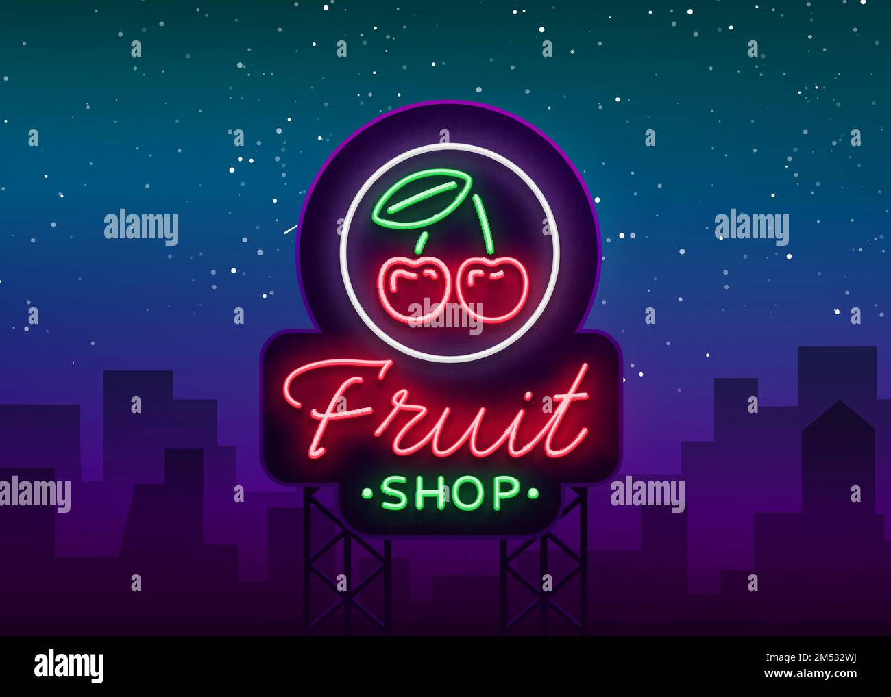 Fruit shop logo vector. Neon sign, bright nightlife advertising for ...