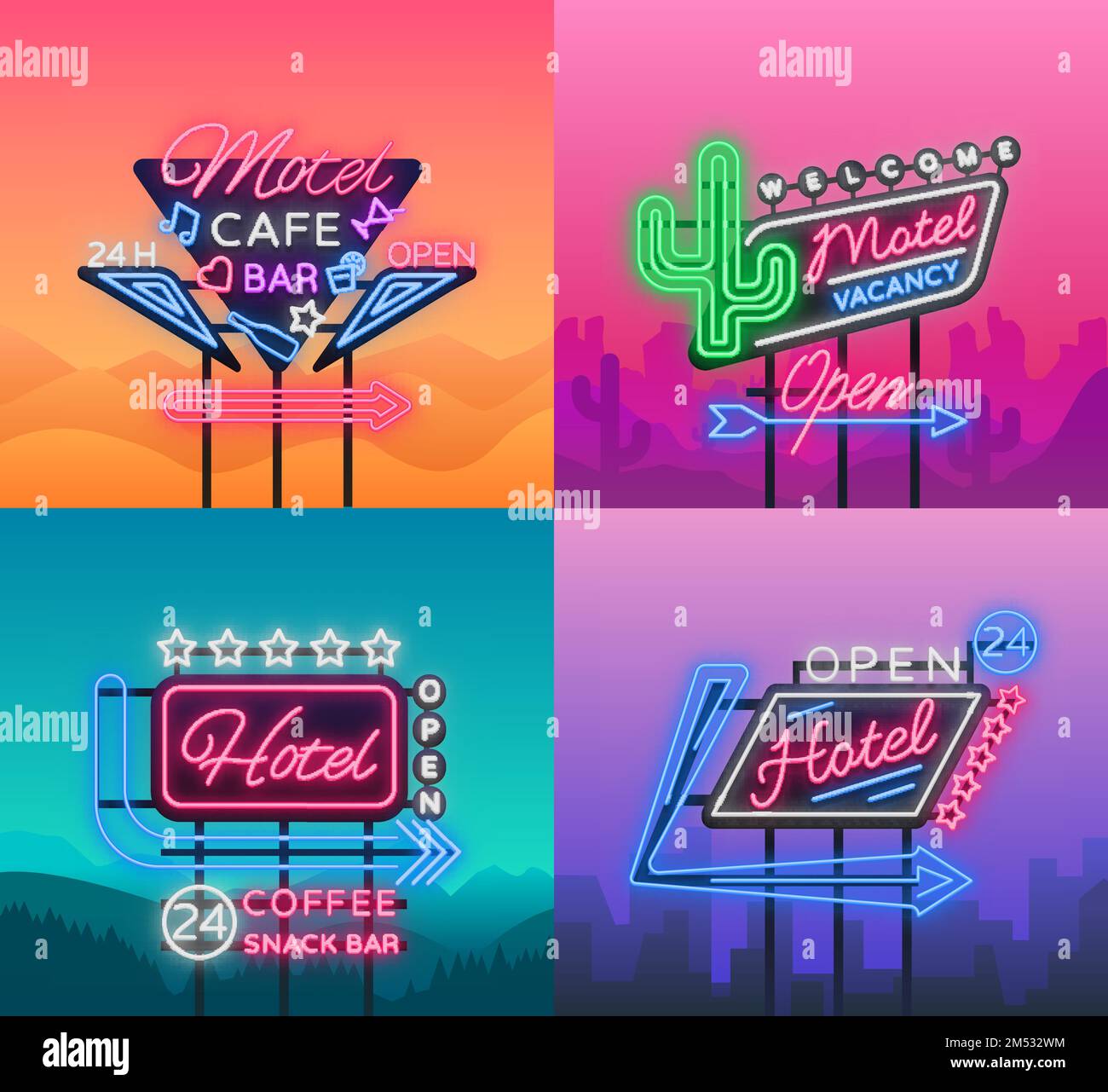 Hotel and Motel are collection of neon signs. Vector illustration ...