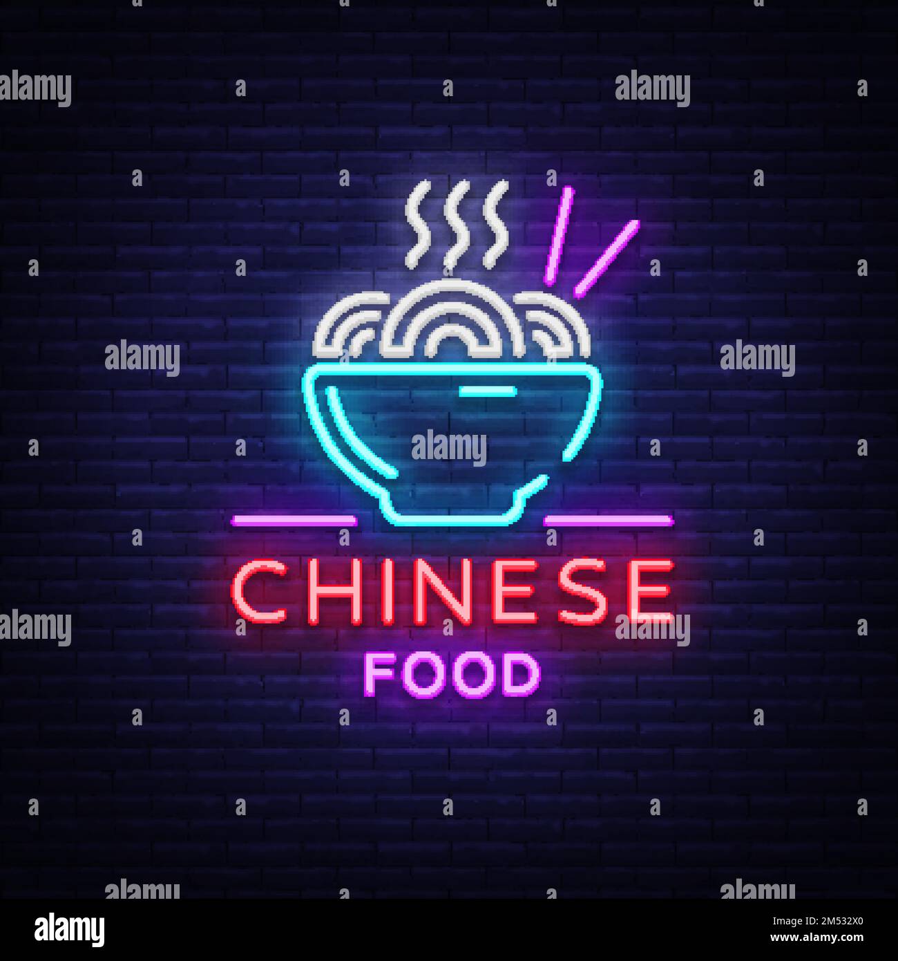 Chinese food logo. Neon sign, emblem, neon billboard, bright nightlight ...