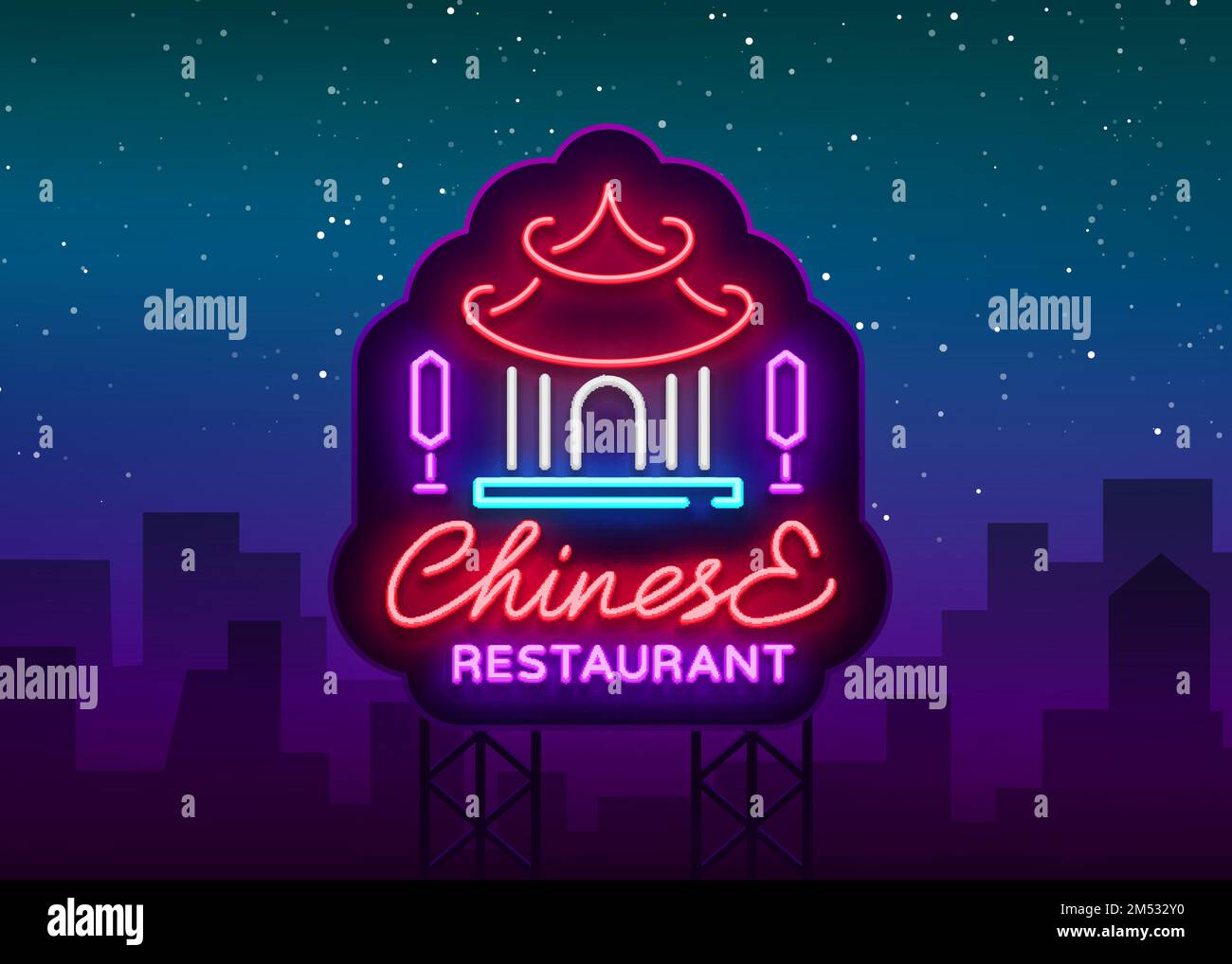 Chinese restaurant is a neon sign. Vector illustration on Chinese food ...