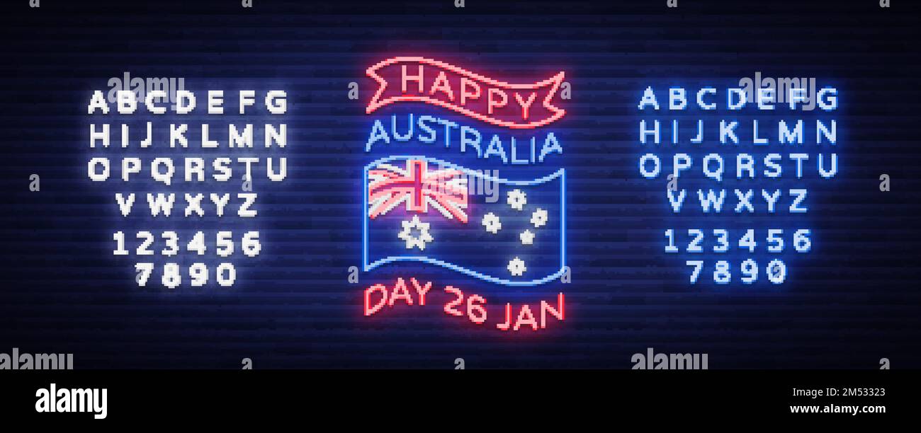 January 26th on Australia Day. Neon sign, luminous banner, bright night ...