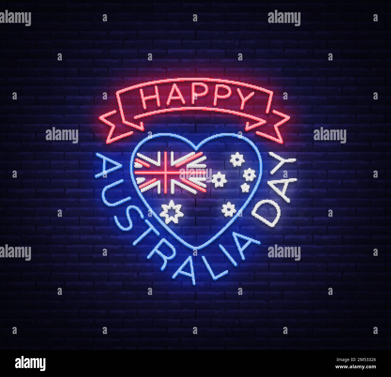 January 26th on Australia Day. Neon sign, luminous banner, bright night ...