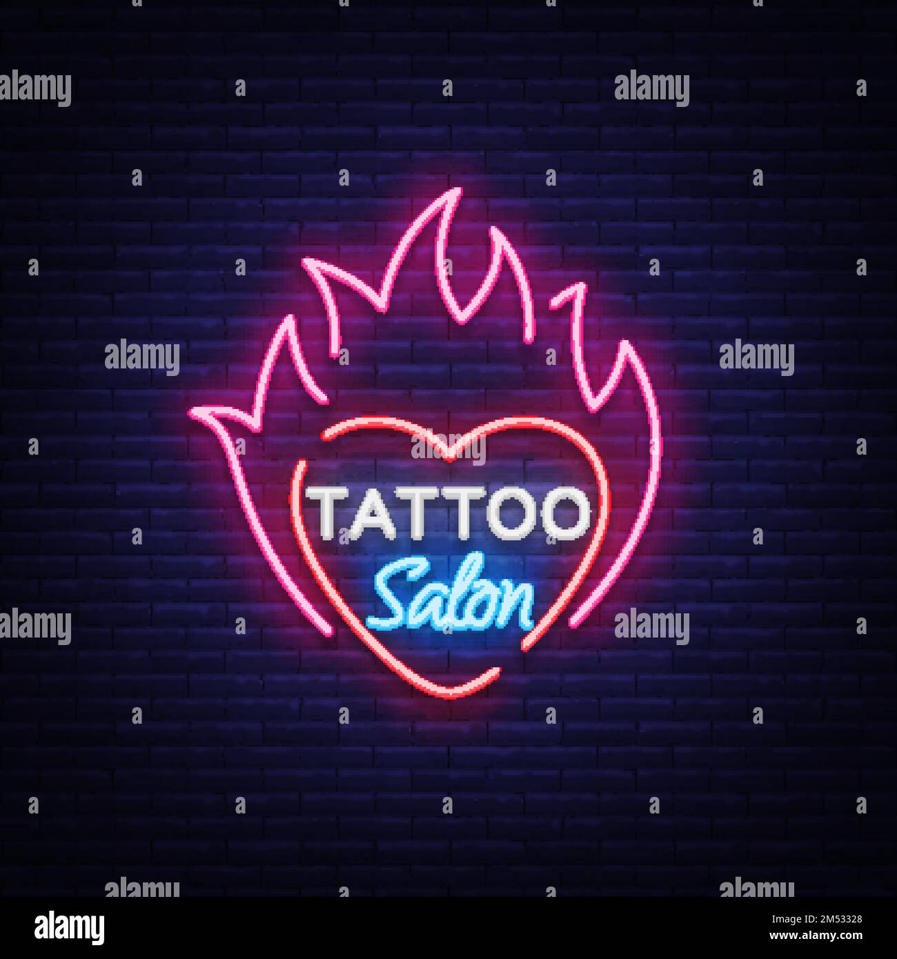 Tattoo salon logo vector. Neon sign, a symbol of heart in the fire, a ...