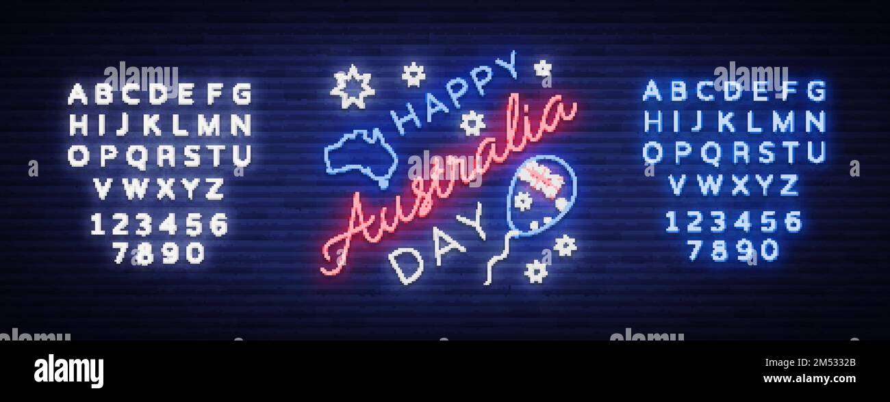 Happy Australia Day on January 26 festive background with flag in neon ...