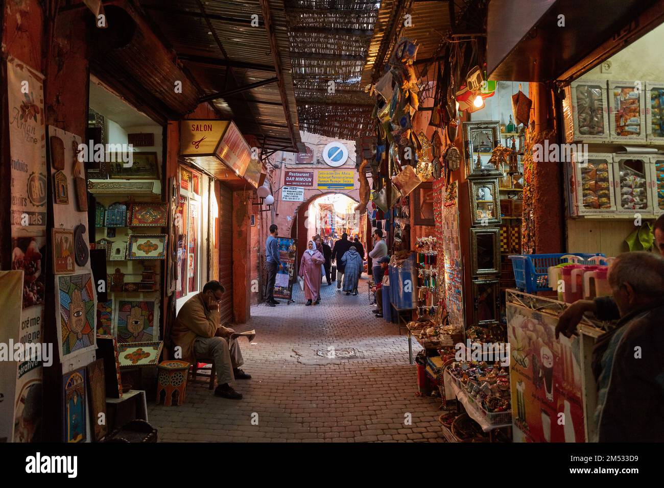 Morocco, Marrakech, February 02, 2017: View of the market and cafe ...