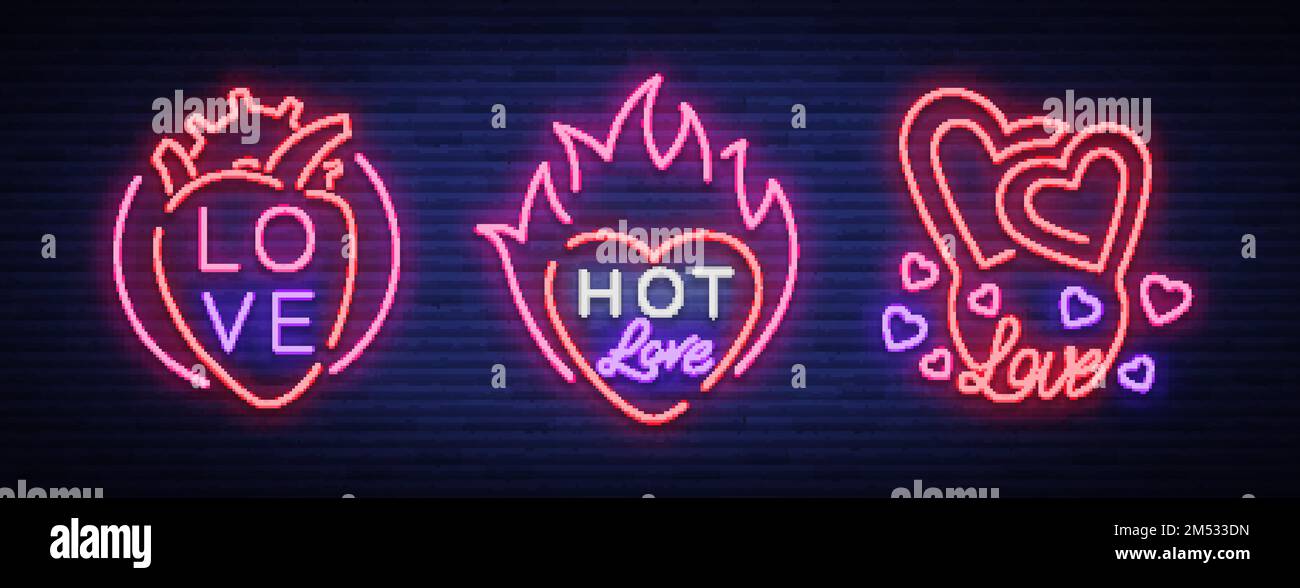 Love is a set of symbols. Collection of neon signs on the theme of ...