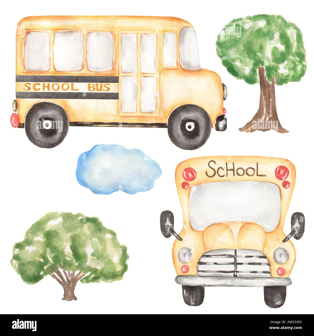 Back to School set Clipart, Watercolor School Bus, School Supplies ...