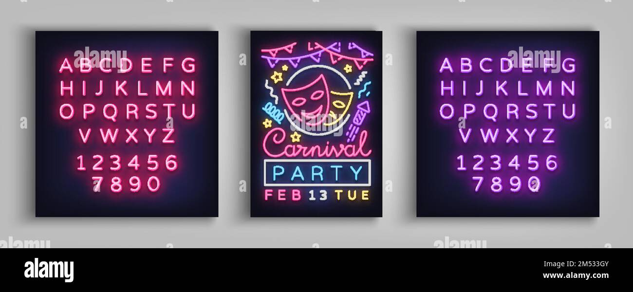 Carnival party poster in neon style. Neon sign, design template ...
