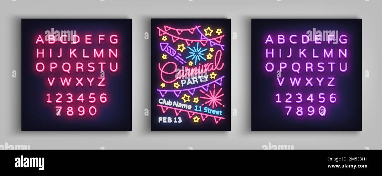 Carnival party poster in neon style. Neon sign, design template ...