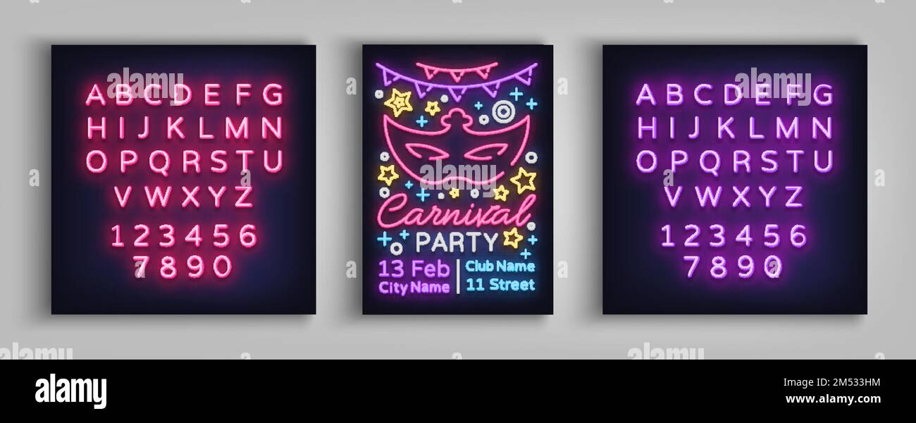 Carnival party design template, brochure, poster in neon style. Bright ...