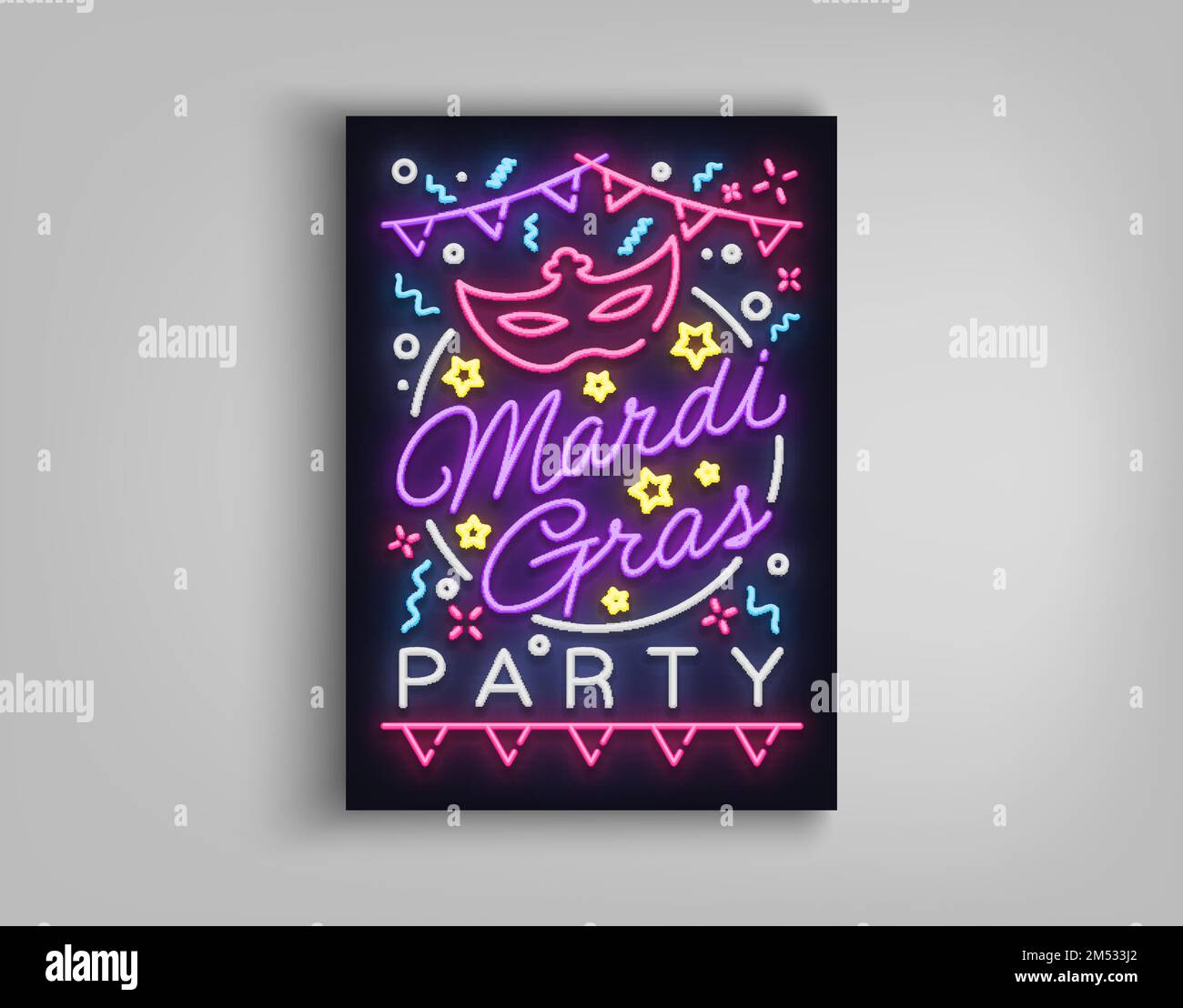 Mardi Gras invitation template design. Neon-style poster, neon sign ...