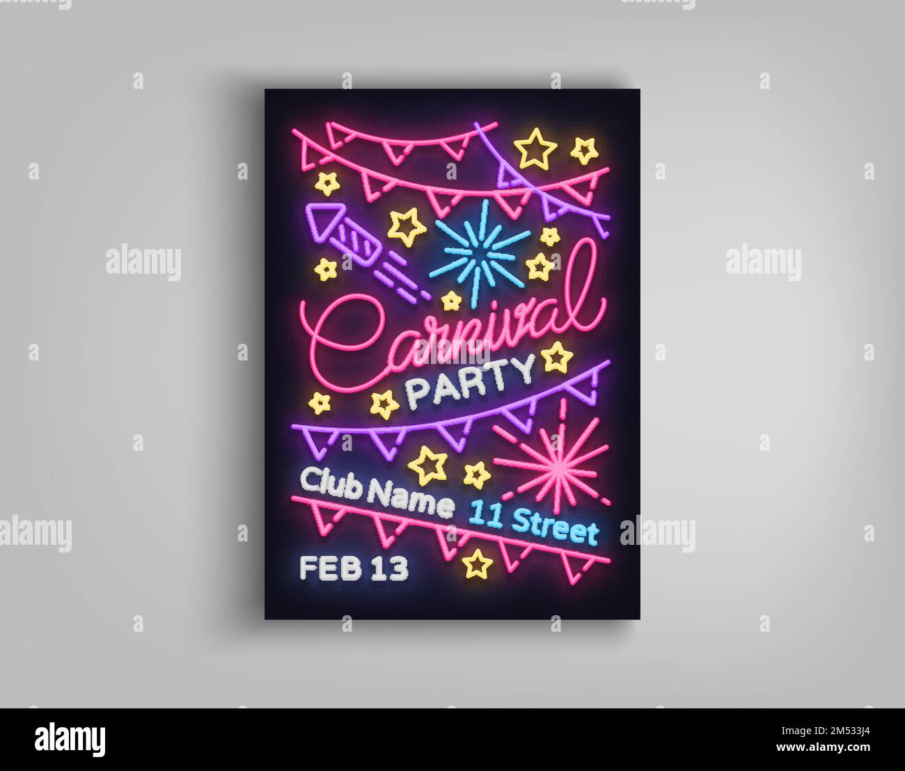 Carnival party poster in neon style. Neon sign, design template, bright ...