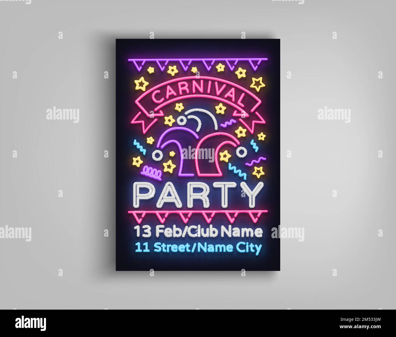 Carnival party design template, brochure, poster in neon style. Bright ...
