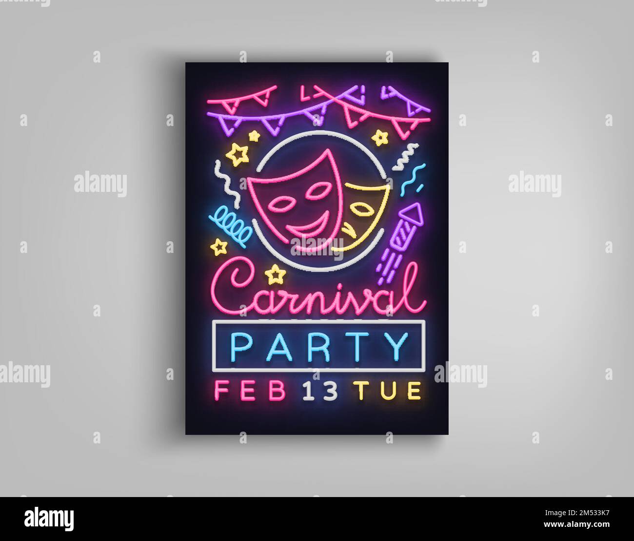 Carnival party poster in neon style. Neon sign, design template, bright ...
