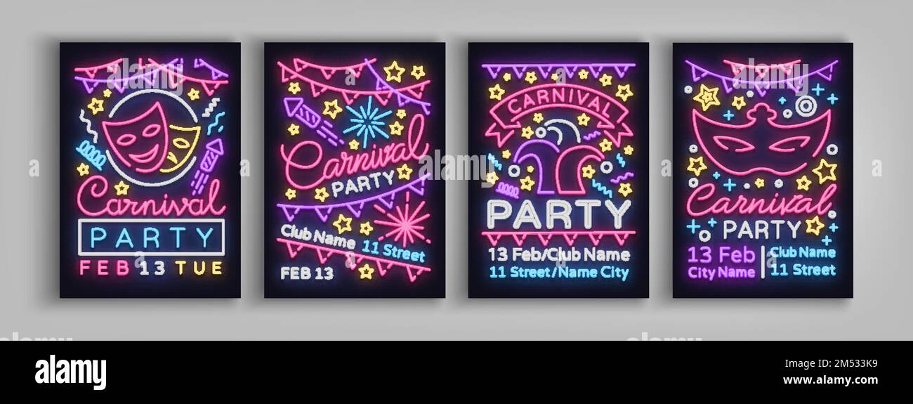 Carnival party is set of posters in neon style. Collection of neon ...