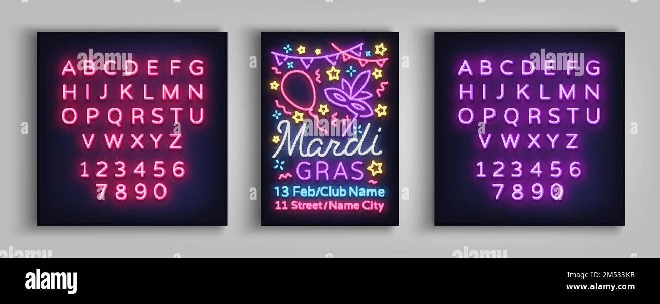 Mardi Gras poster design template in neon style. Neon sign, bright sign ...