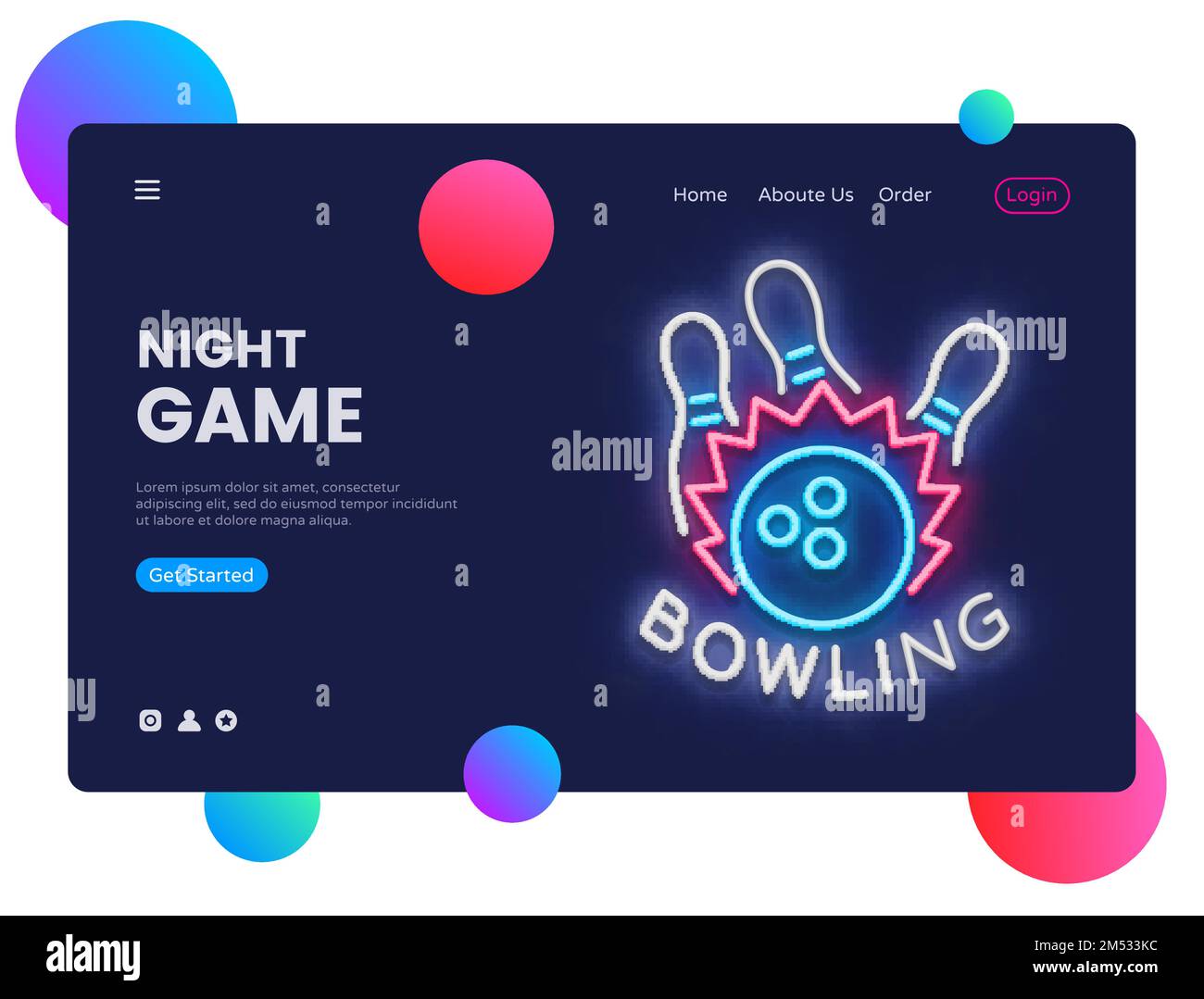 Bowling neon creative website template design. Vector illustration ...