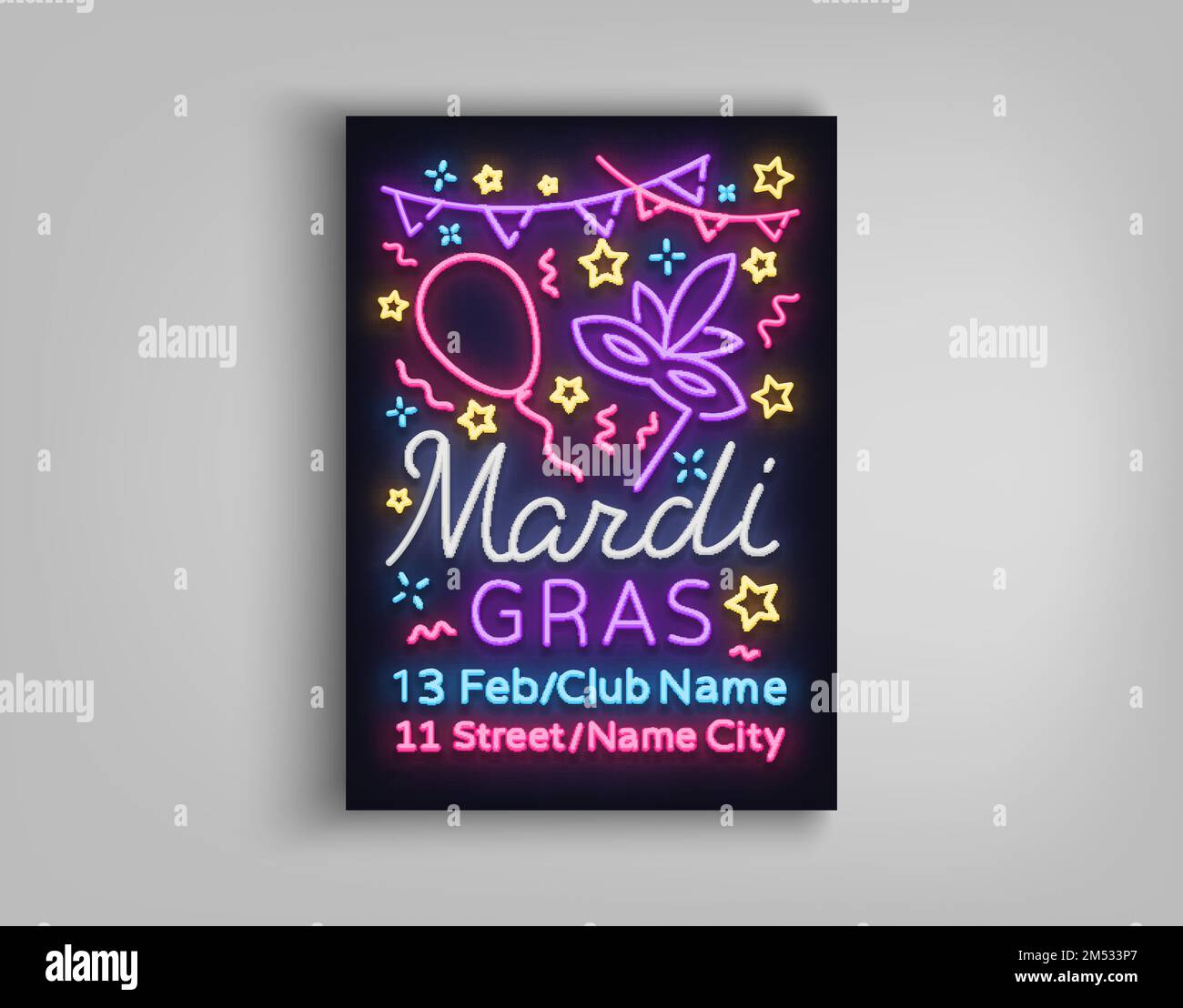 Mardi Gras poster design template in neon style. Neon sign, bright ...