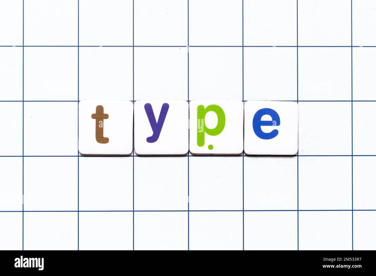 Colorful tile letter in word type on white grid background Stock Photo ...