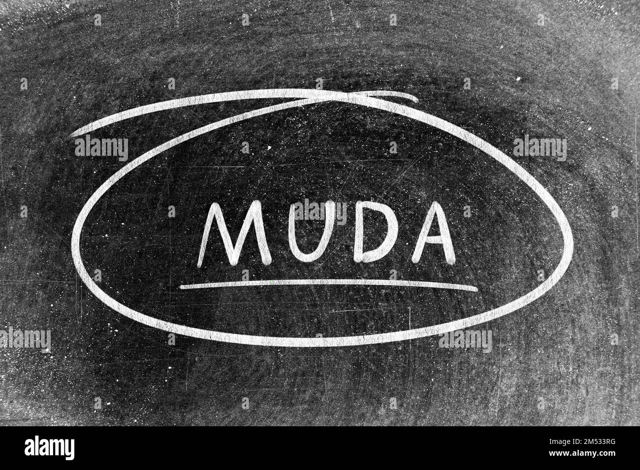 White chalk hand writing in word muda and circle shape on blackboard ...