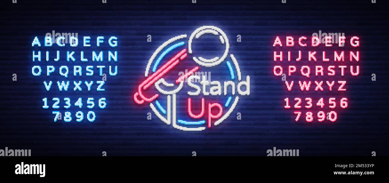 Stand Up Comedy Show is a neon sign. Neon logo, bright luminous banner ...