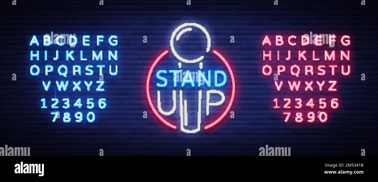 Stand Up Logo in Neon Style. Comedy show is neon sign, symbol, an ...