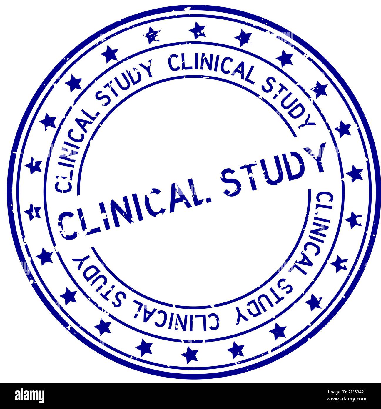 Grunge blue clinical study word with star icon round rubber seal stamp ...