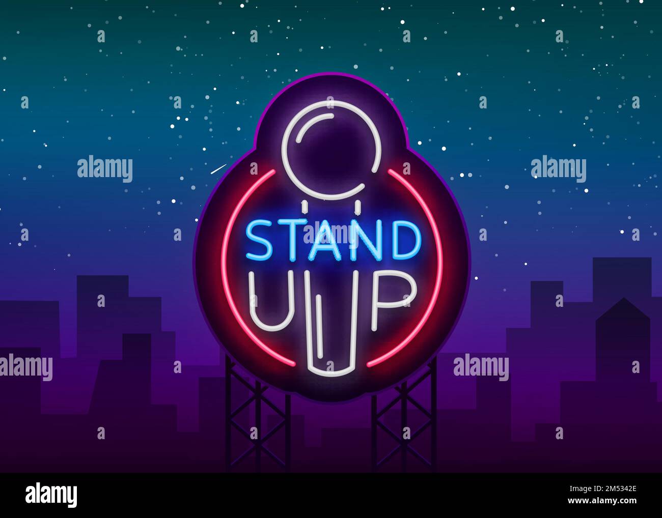 Stand Up Logo in Neon Style. Comedy show is neon sign, symbol, an invitation to a comedy ...