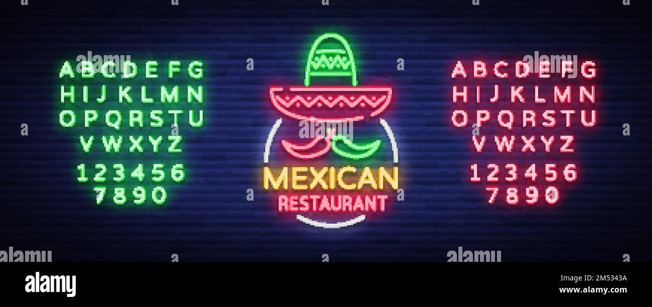 Mexican restaurant is a neon sign. Bright glow sign, neon banner ...