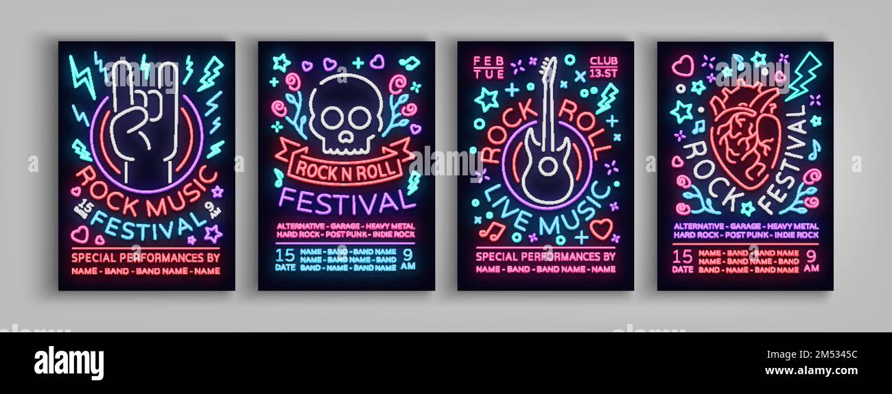 Rock Festival set of posters in neon style. Collection neon sign, an ...