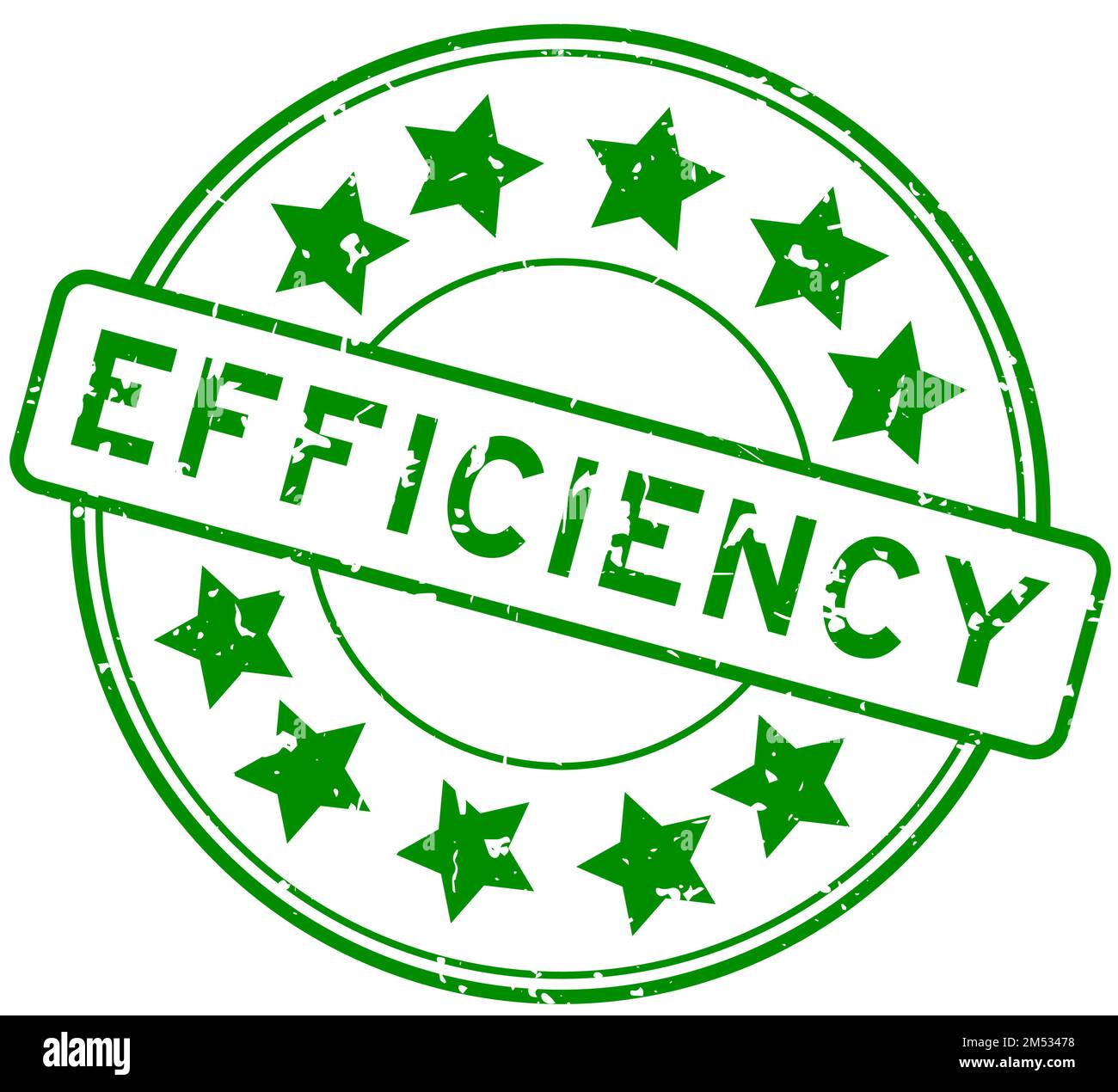 Grunge green efficiency word with star icon round rubber seal stamp on white background Stock ...