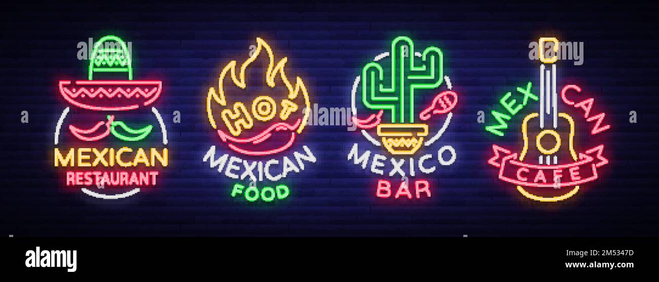 Mexican food is a collection of neon signs. Bright glow sign, neon ...