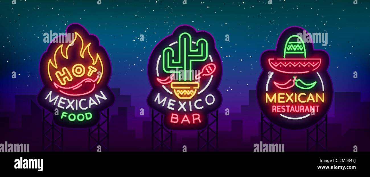 Mexican food is a collection of neon signs. Bright glow sign, neon ...