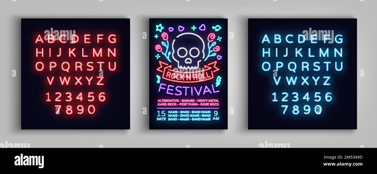 Rock festival poster in neon style. Neon sign, invitation to the ...