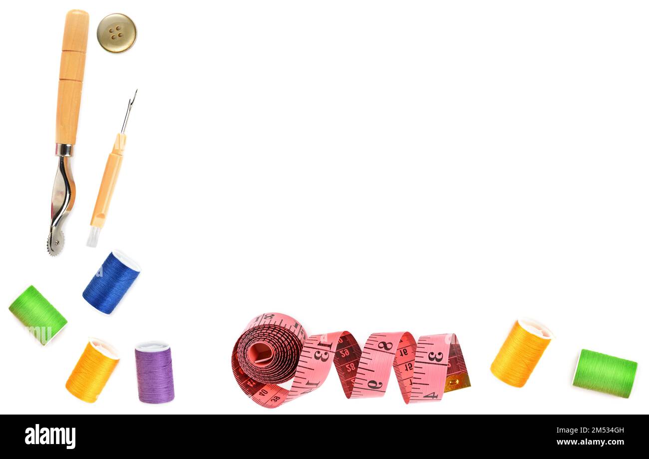 Sewing accessories isolated on white background. Collage. Free space ...