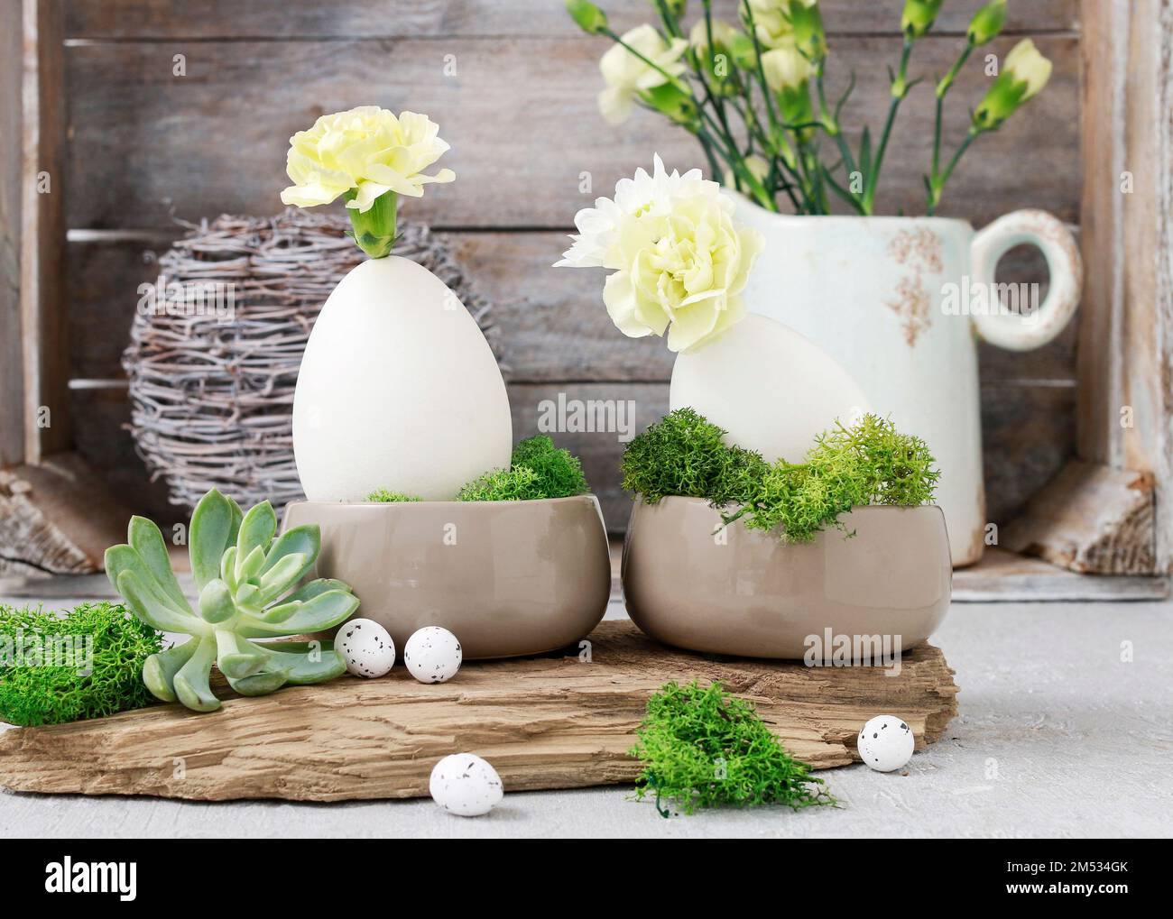 Floral arrangement with goose egg, carnations, chrysanthemum and moss ...