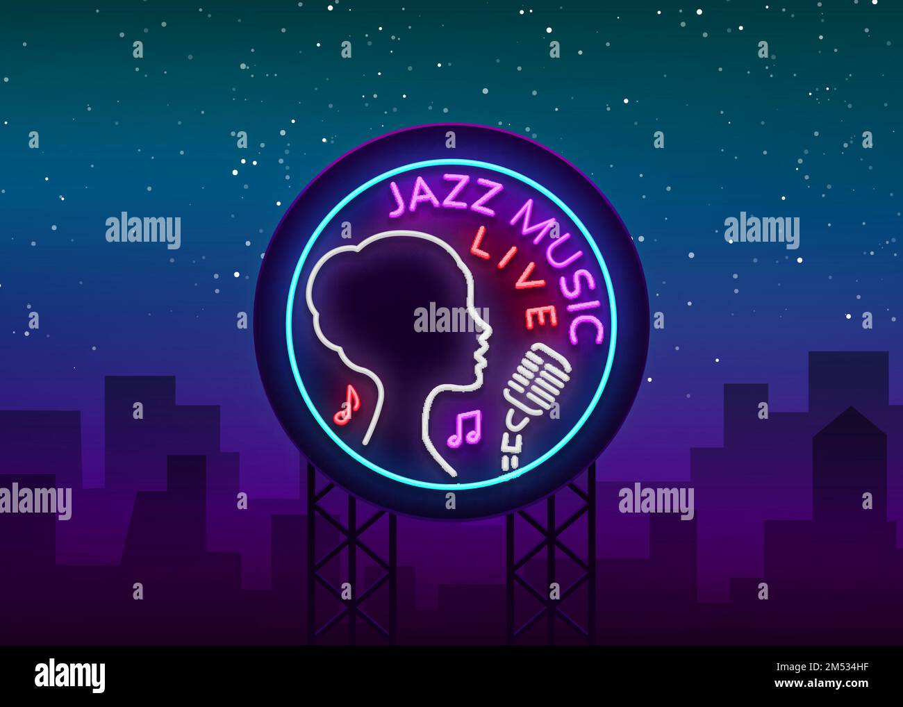 Jazz music is a neon style logo. Neon sign symbol, emblem, light banner ...