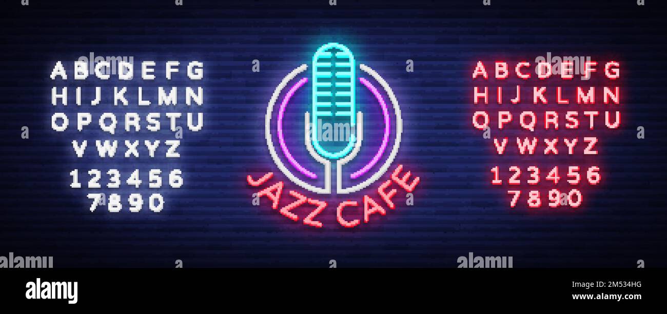 Jazz cafe is neon sign. Symbol, neon-style logo, night banner ...