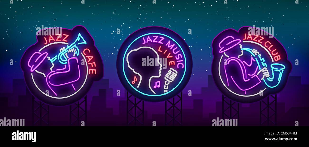Jazz music collection of logos in neon style. Set of neon sign symbols ...