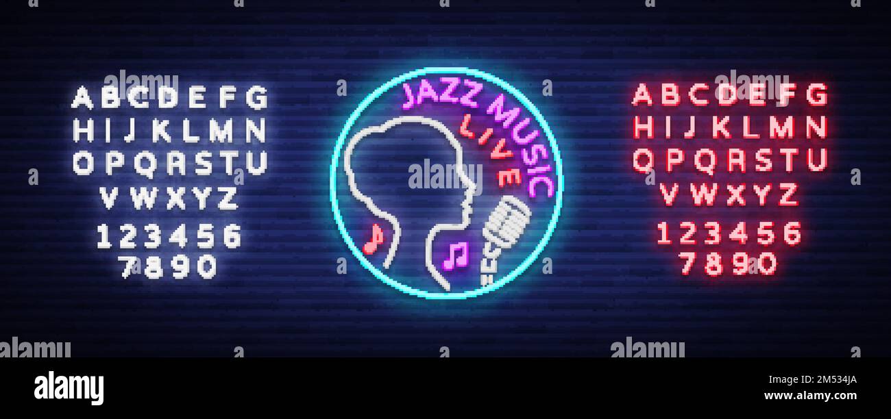 Jazz music is a neon style logo. Neon sign symbol, emblem, light banner ...