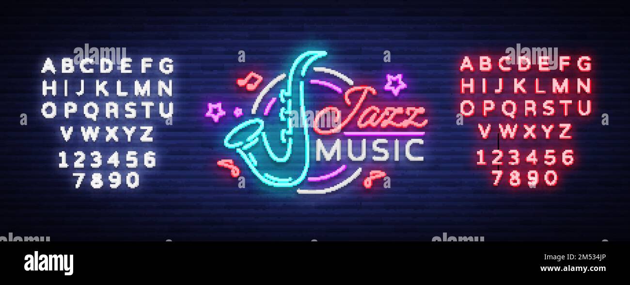 Jazz music is a neon sign. Symbol, neon-style logo, bright night banner ...