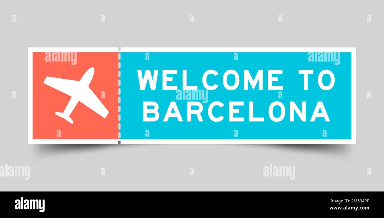 Orange and blue color ticket with plane icon and word welcome to ...