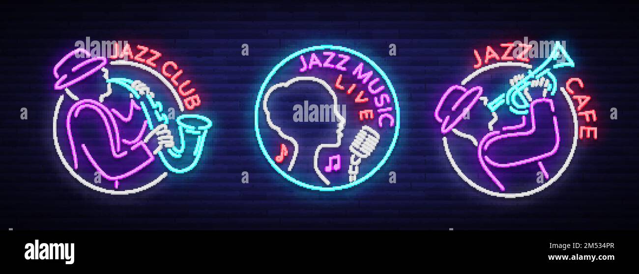 Jazz music collection of logos in neon style. Set of neon sign symbols ...