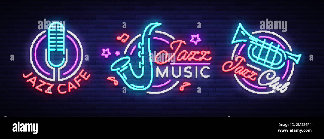 Jazz music collection neon signs. Symbols, collection of logos in neon ...
