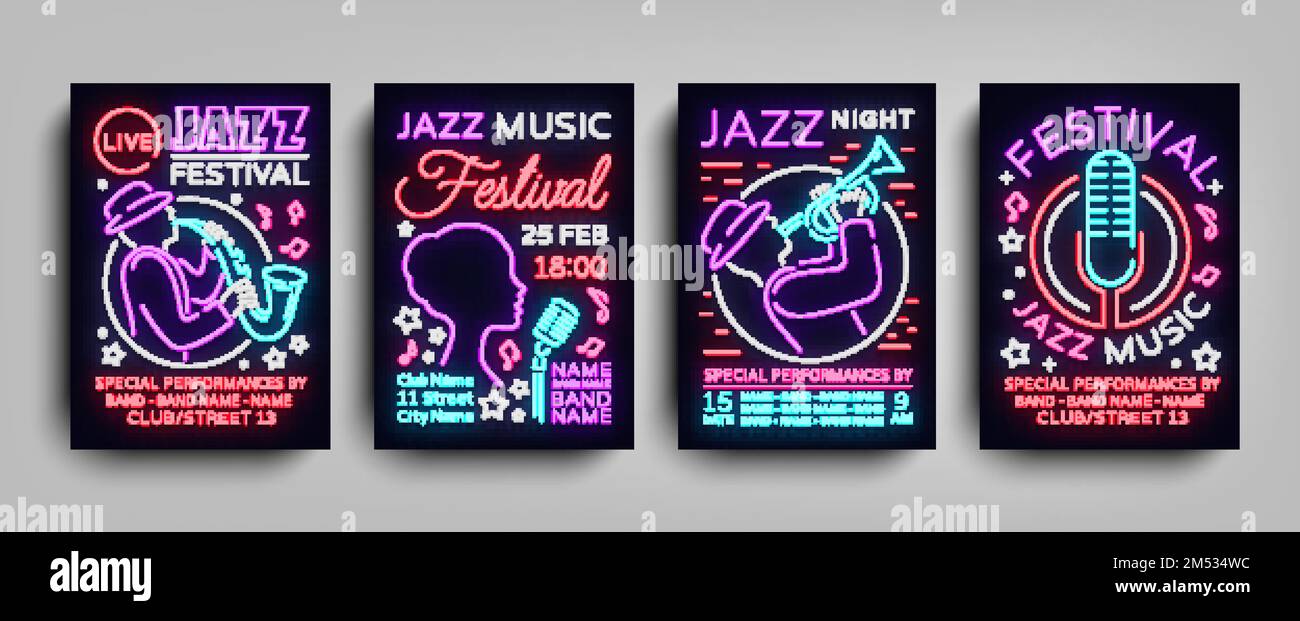 Jazz Festival posters Neon Collection. Neon sign, Neon style brochure ...