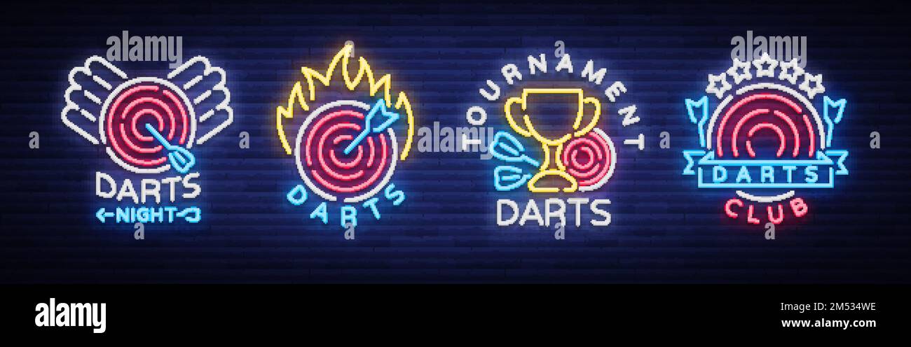 Darts collection of neon signs. Vector illustration. Bright nightly ...