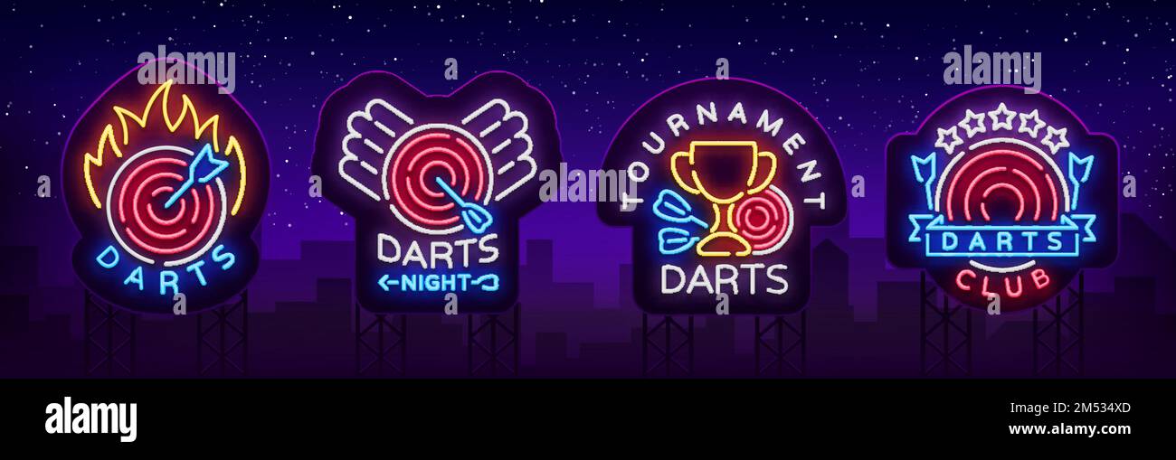 Darts collection of neon signs. Vector illustration. Bright nightly ...