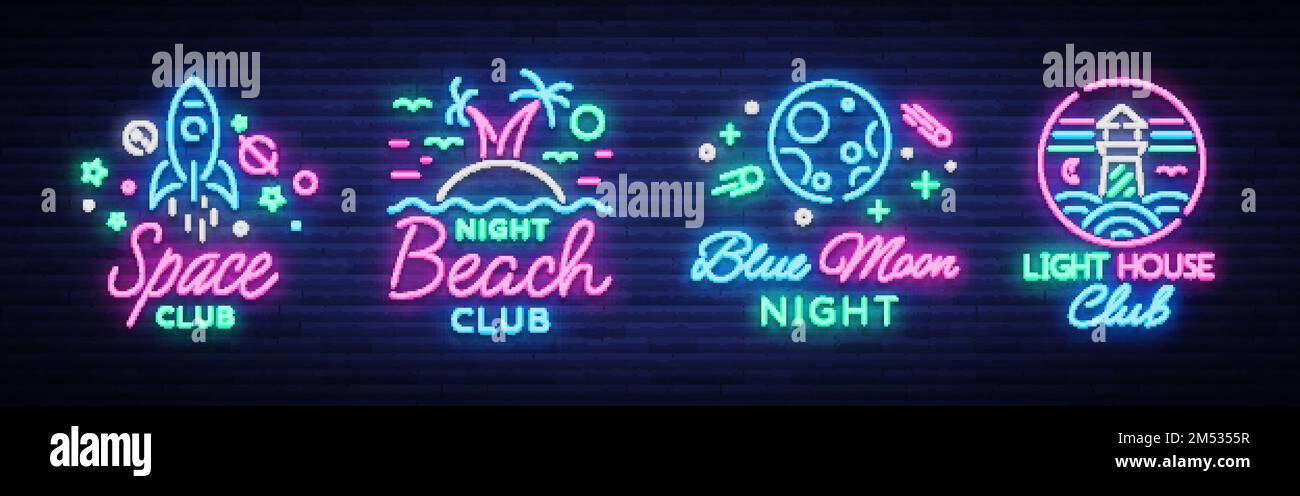 Nightclub set of neon signs. Logo Collection in Neon Style, Symbol ...
