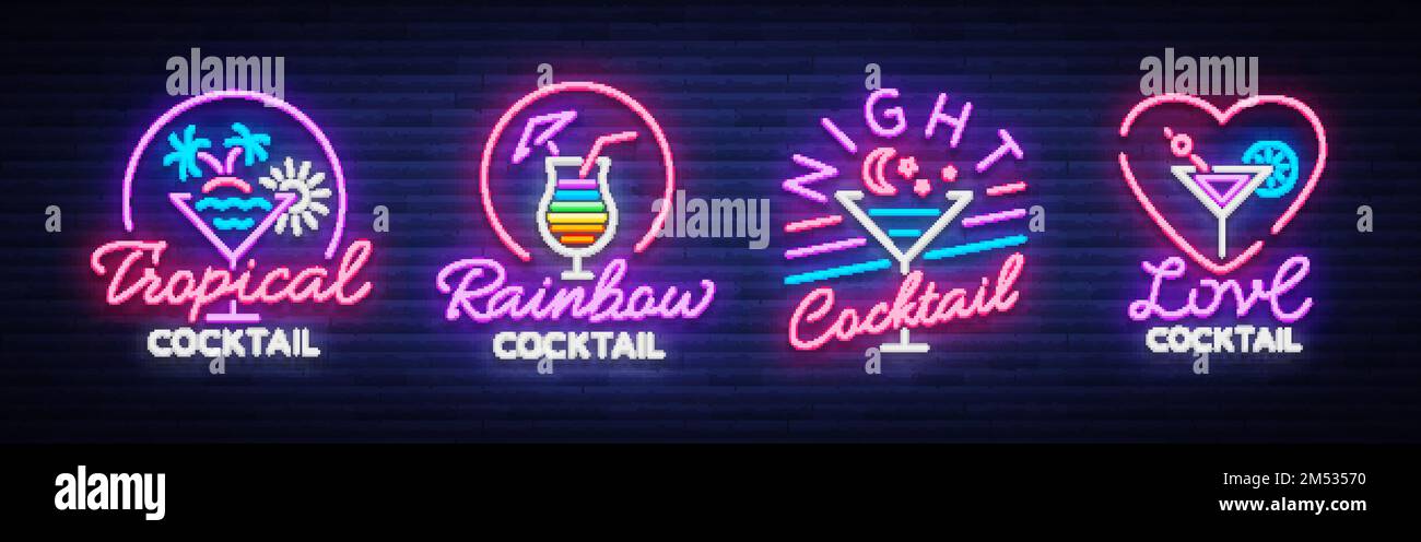 Cocktail Collection Logos In Neon Style Collection Of Neon Signs