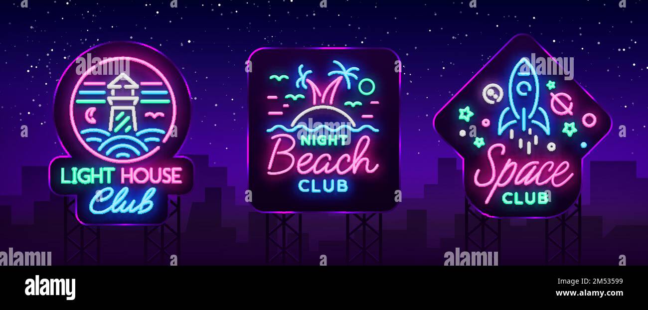 Nightclub set of neon signs. Logo Collection in Neon Style, Symbol ...